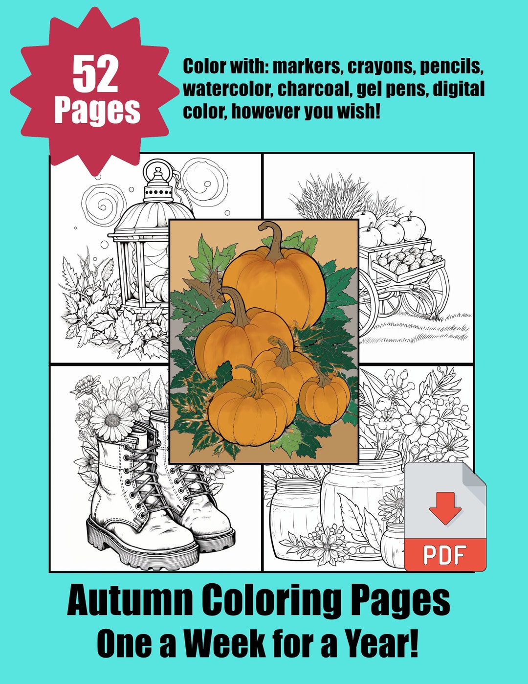Instant Download | Coloring Book Autumn Fall Lovers Pages Art Adults ...