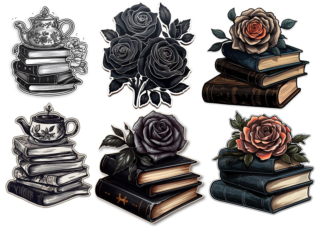 Six Mini Stickers Goth Black Roses Flowers and Books Teapot Tiny ...