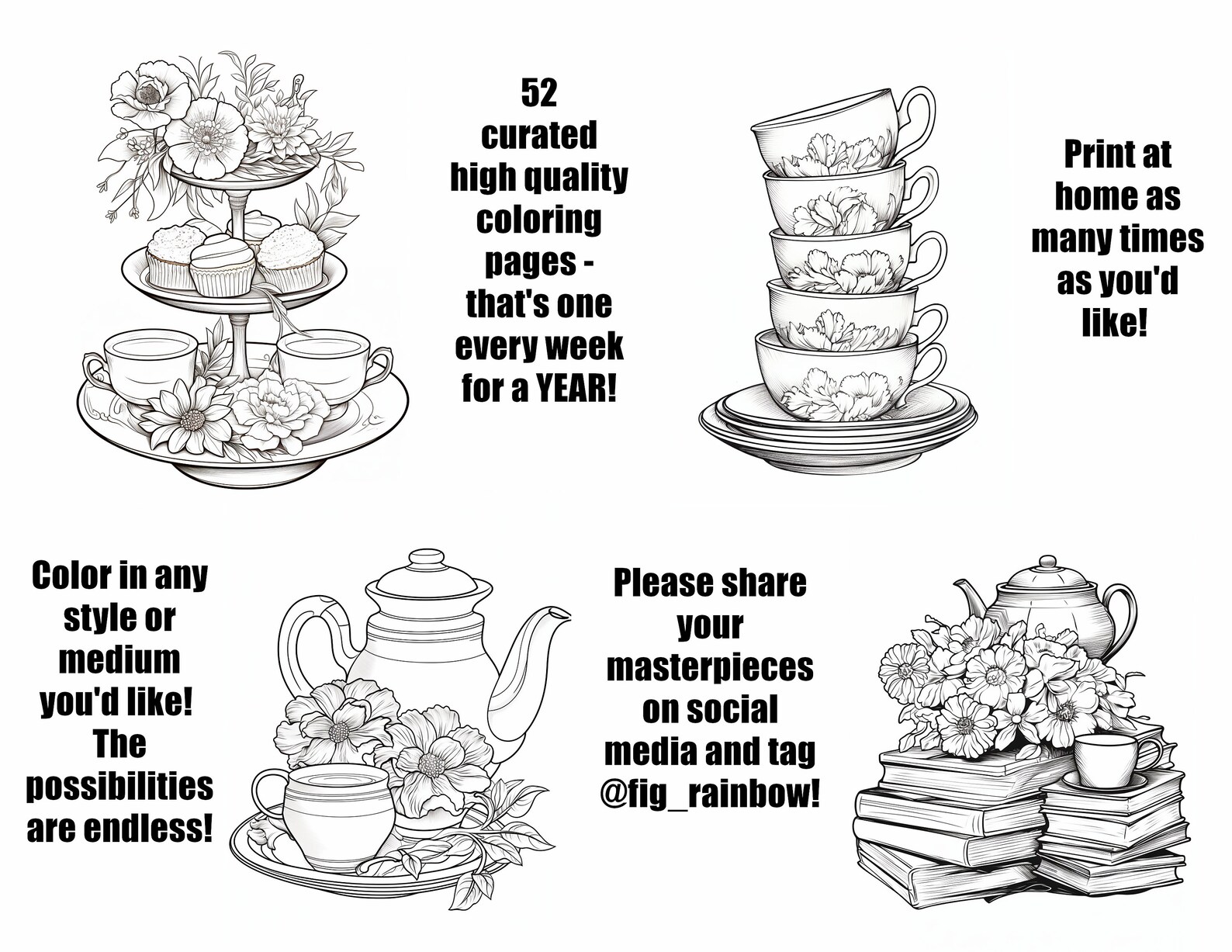 Instant Download | Coloring Book Tea Time Pages Art Adults All Ages ...