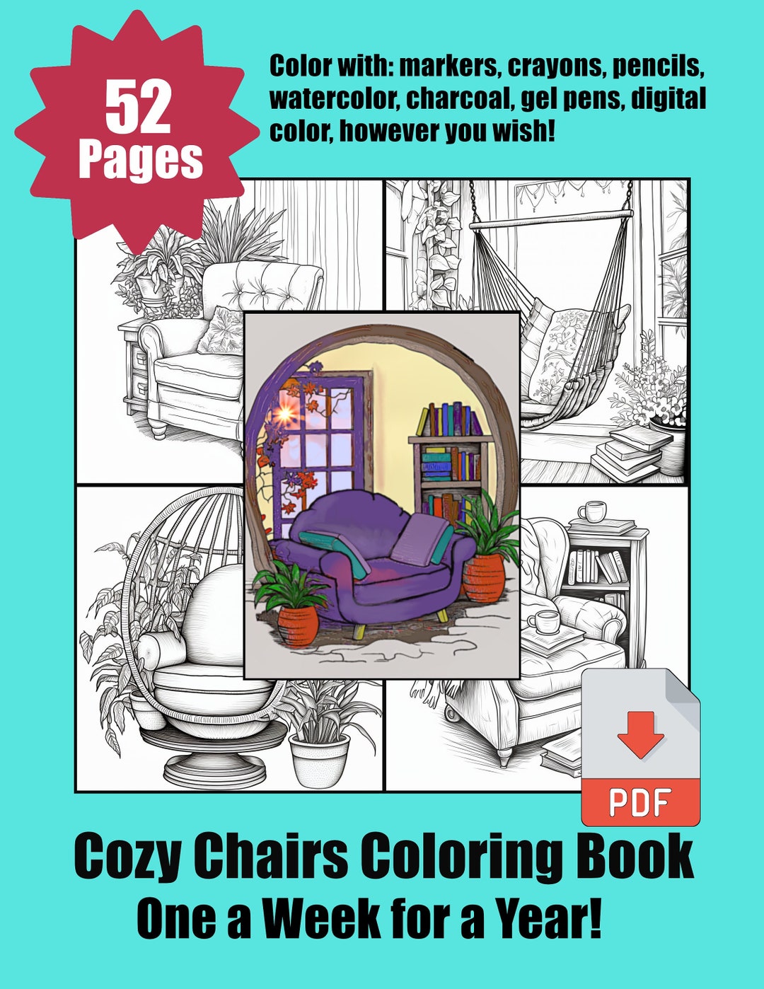 Instant Download | Cozy Chairs Coloring Book Art Pages Adults All Ages ...