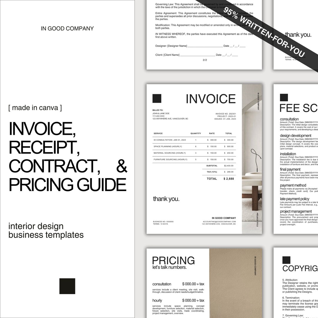 Interior Design Invoice, Receipt, Contract, and Pricing Guide Canva ...