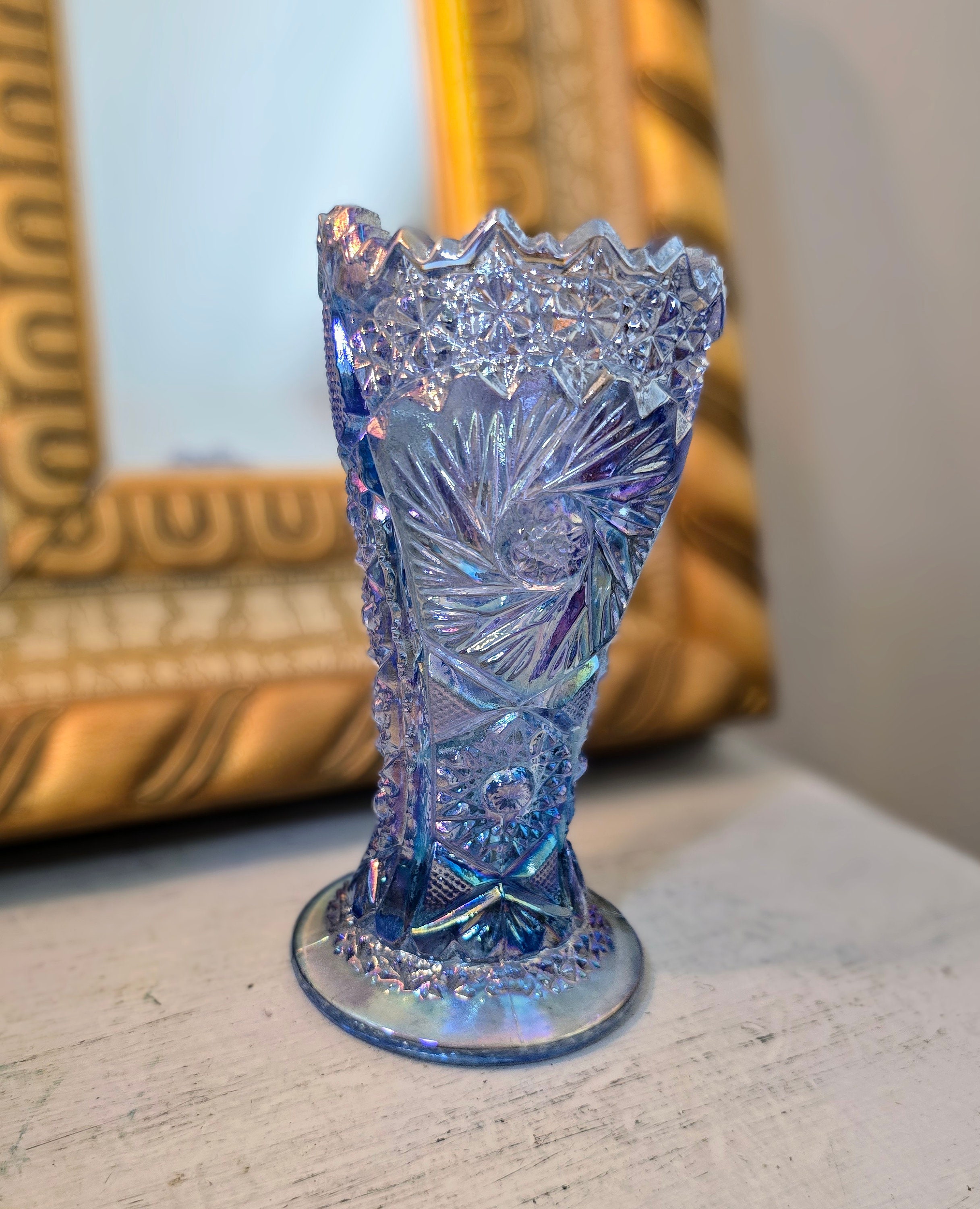 Vintage HTF Light Blue Carnival Glass Vase, Comet in the Stars Sawtooth ...