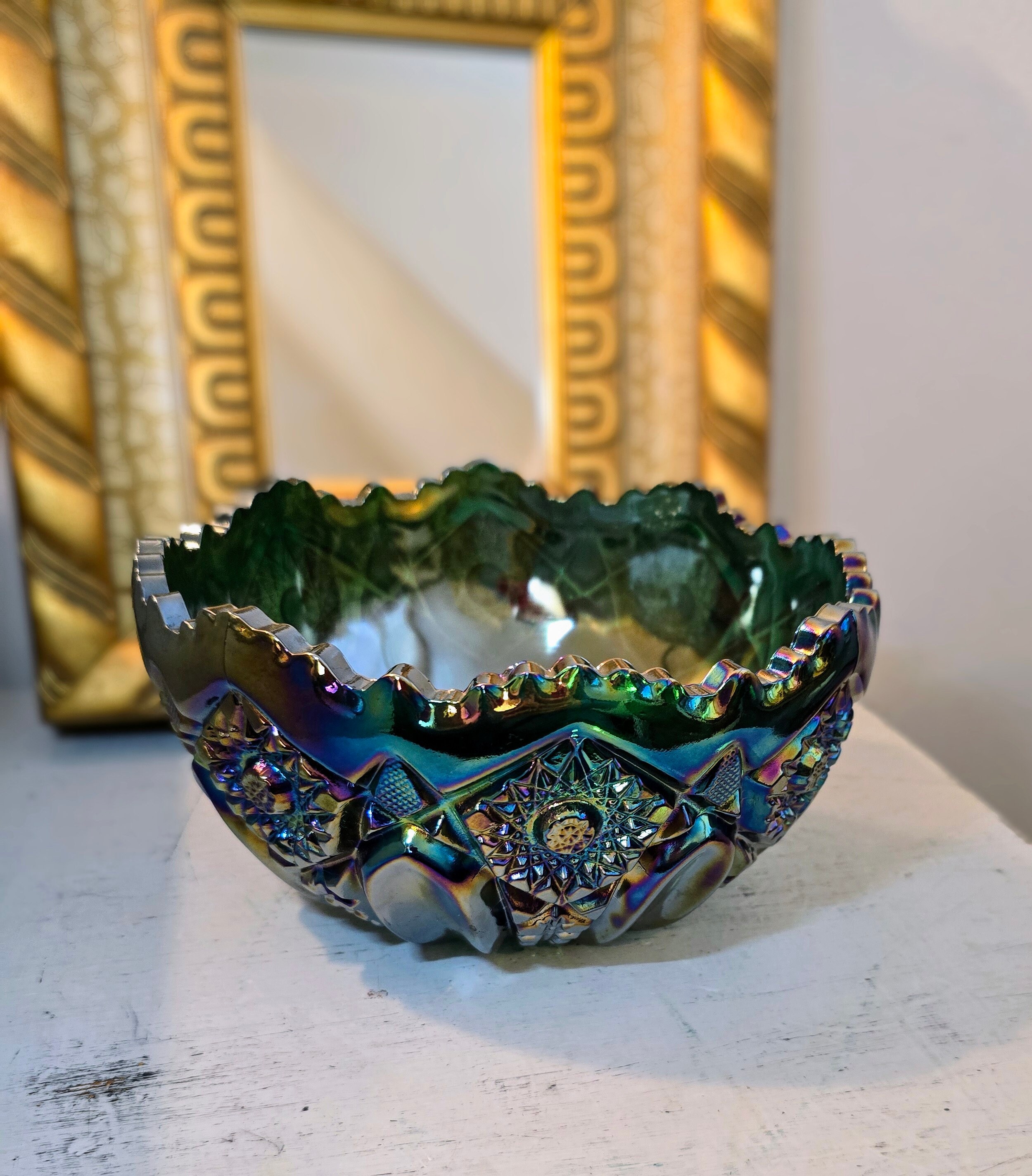 Vintage Super Rare L.E. Smith Carnival Glass Bowl, Dark Green Carnival ...