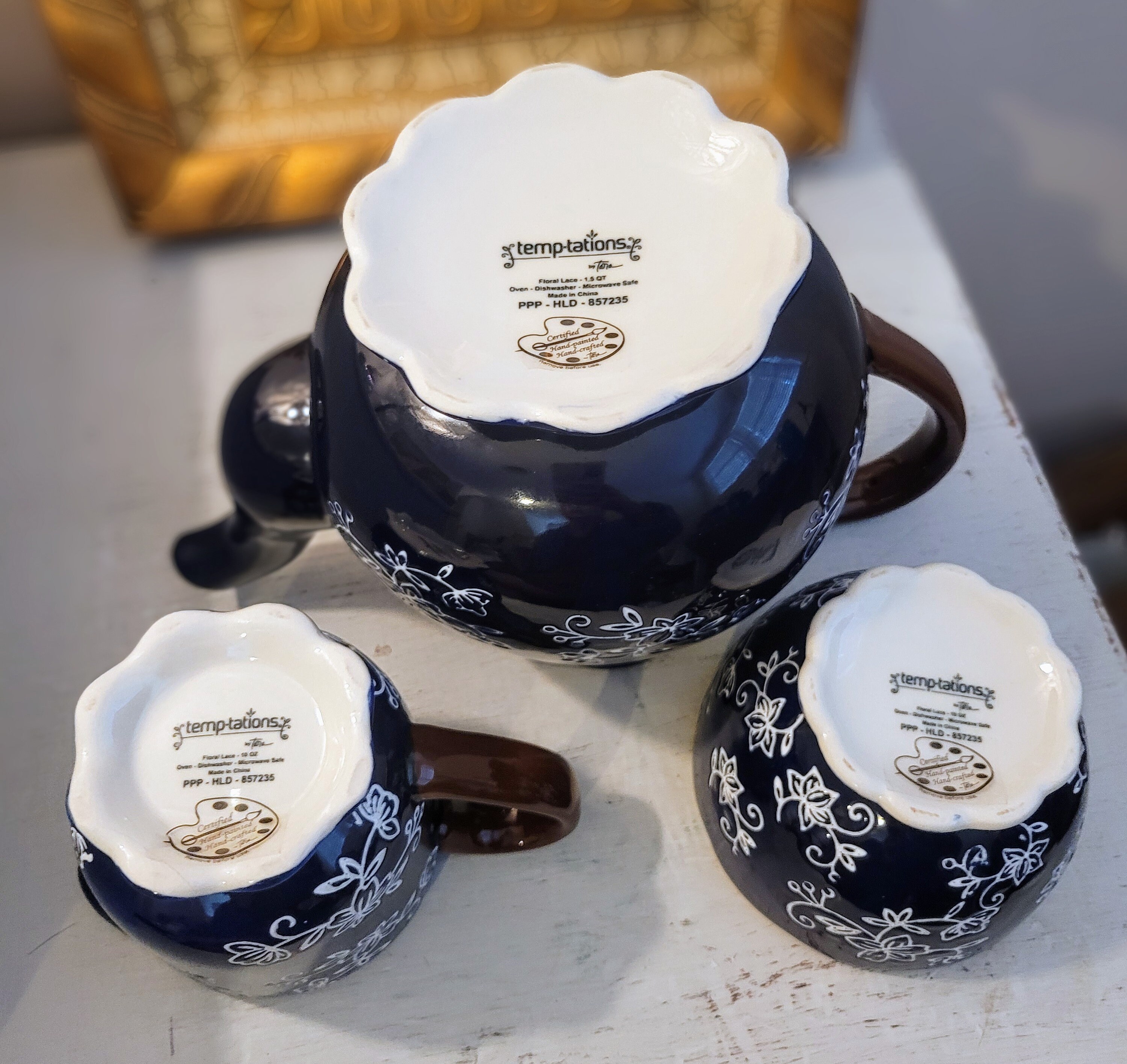 Temptations Navy and Brown Handpainted Floral and Lace Set, 13 Piece ...