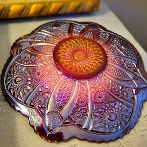 Vintage Red Iridescent Cake Plate, Indiana Glass Heirloom Scalloped ...