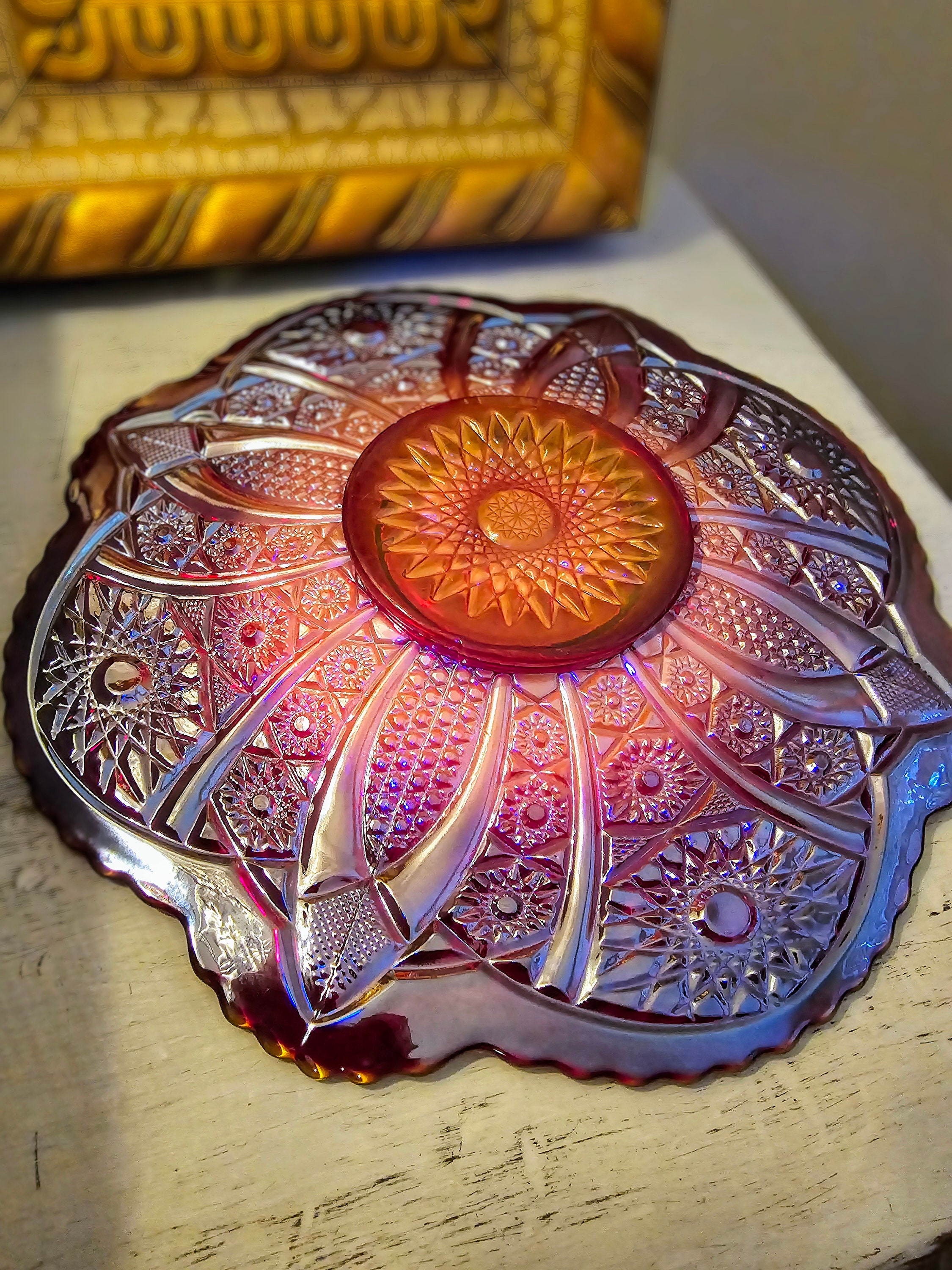 Vintage Red Iridescent Cake Plate, Indiana Glass Heirloom Scalloped ...