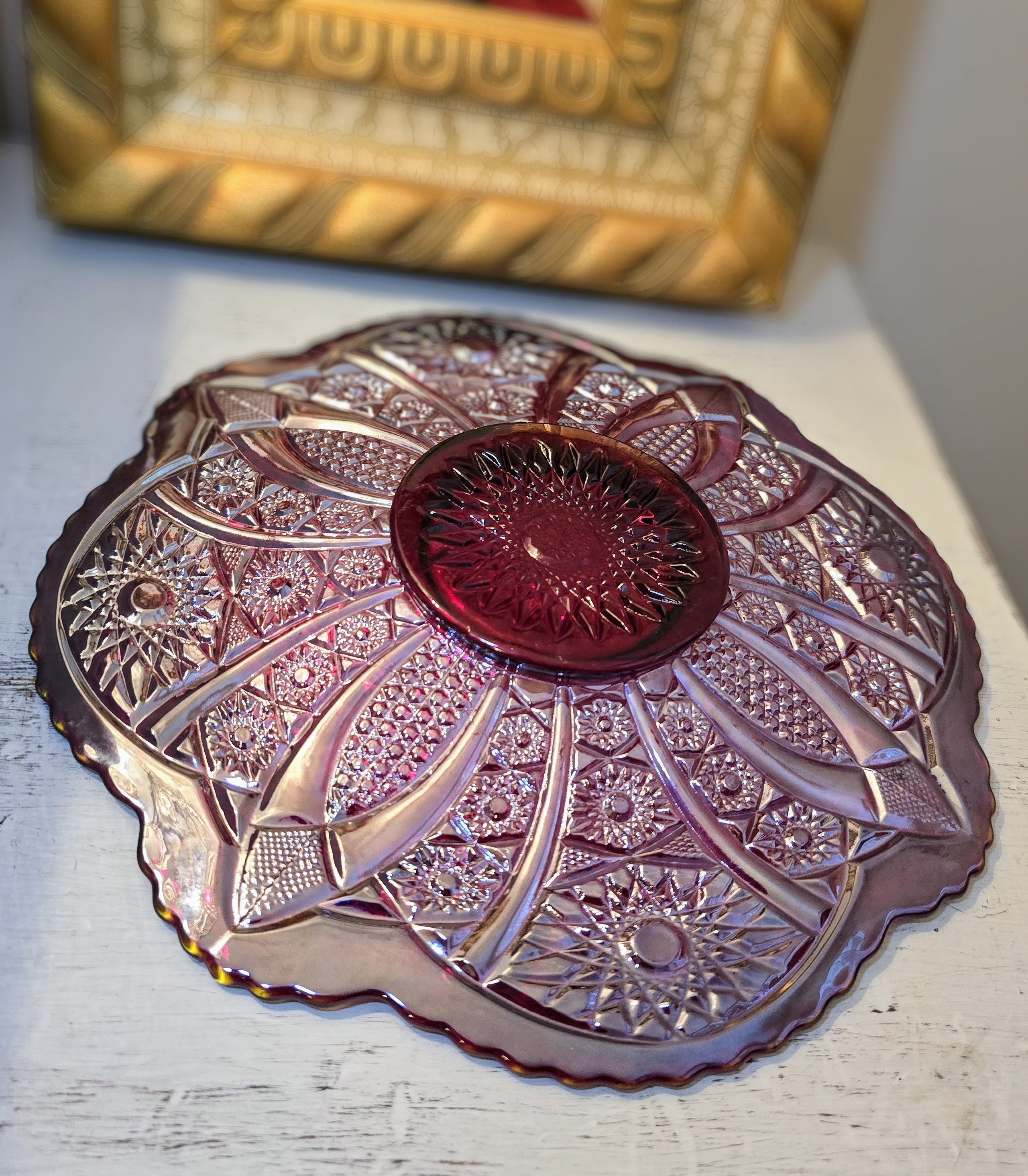 Vintage Red Iridescent Cake Plate, Indiana Glass Heirloom Scalloped ...