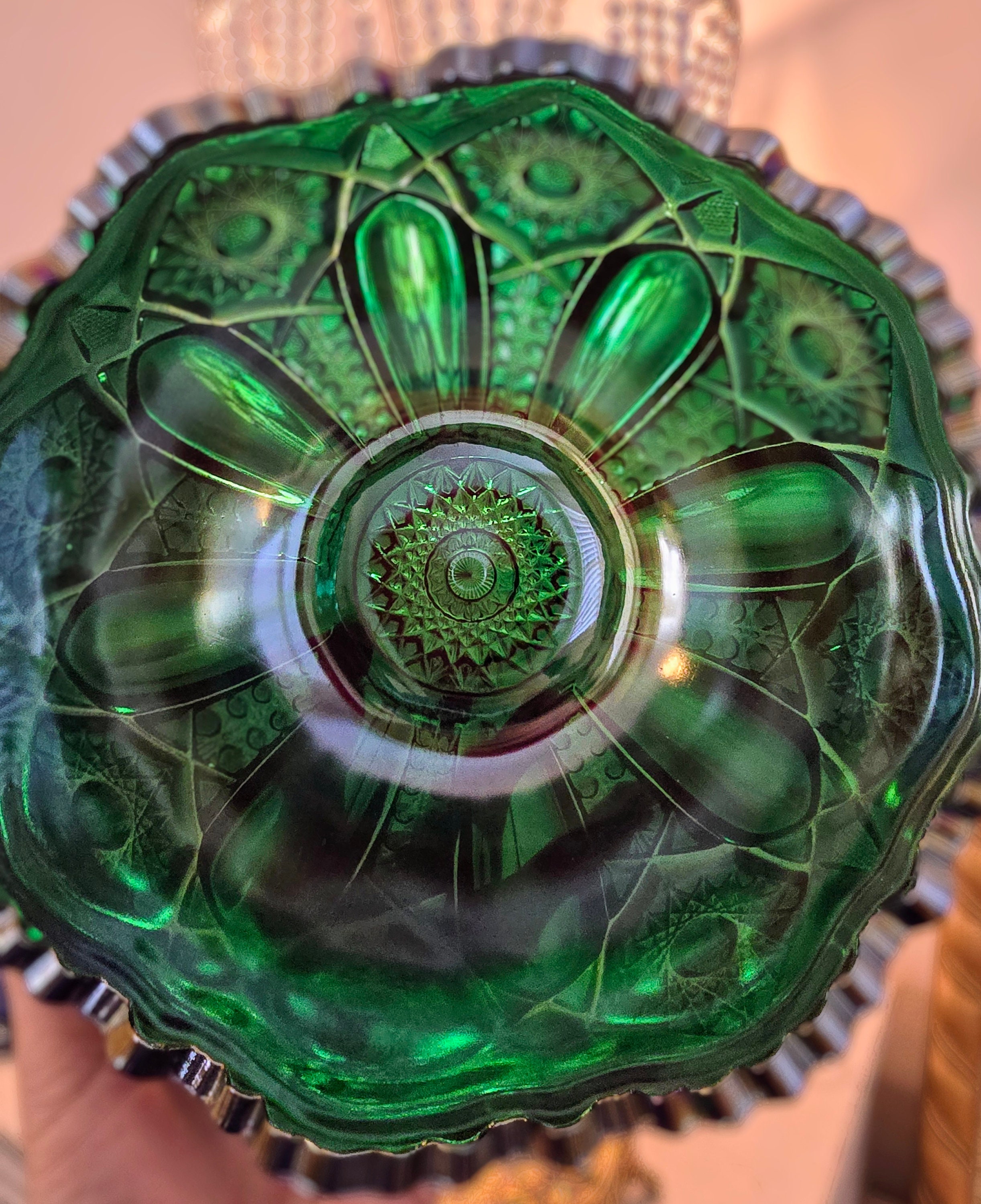 Vintage Super Rare L.E. Smith Carnival Glass Bowl, Dark Green Carnival ...