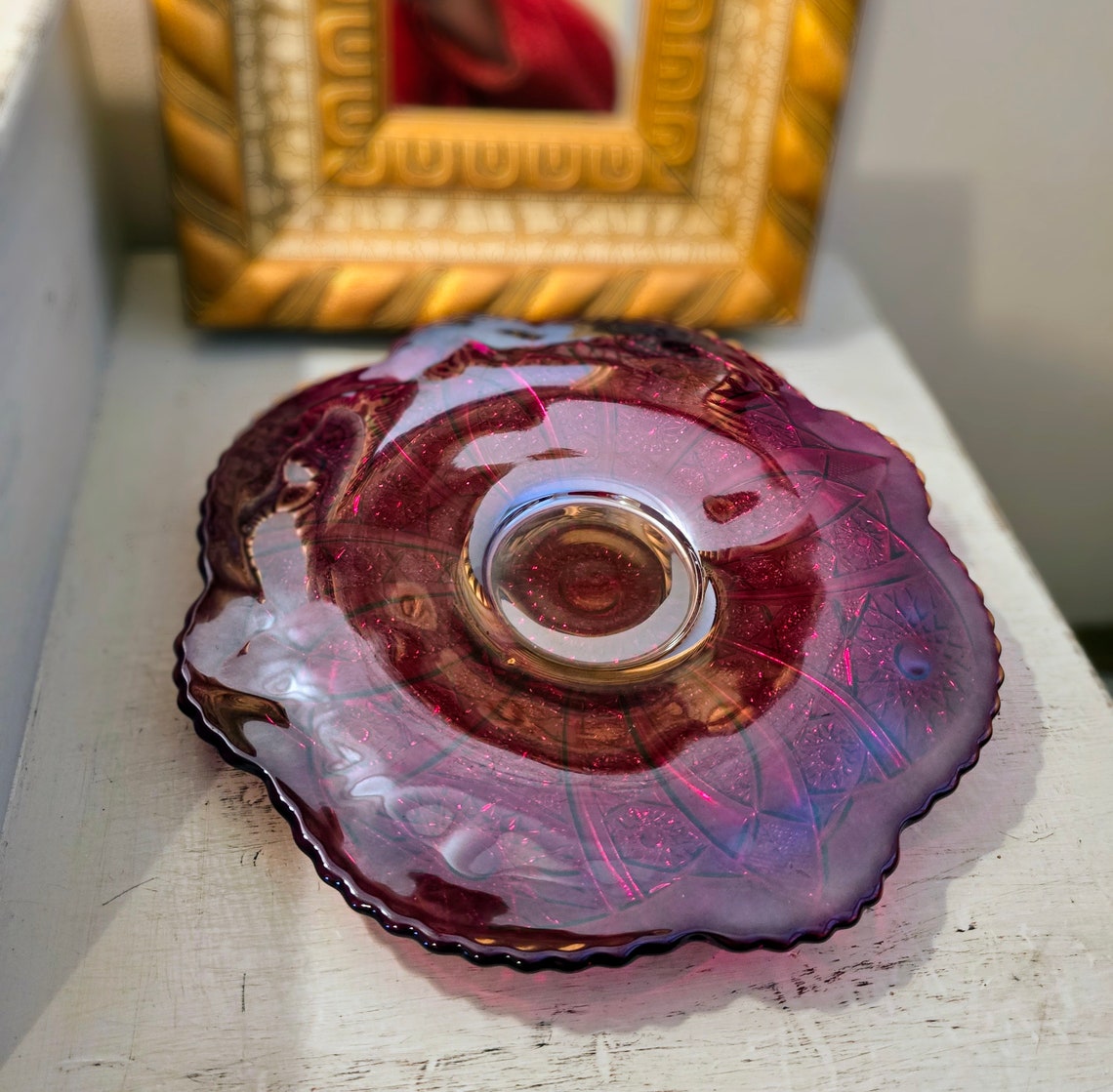 Vintage Red Iridescent Cake Plate, Indiana Glass Heirloom Scalloped ...