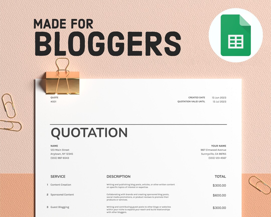Blogger Quotation Customisable Quotation Templates for Google Sheets ...