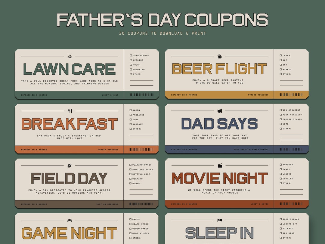 Fathers Day Coupons - Printable Gift for Dad - 20 Coupons for a ...