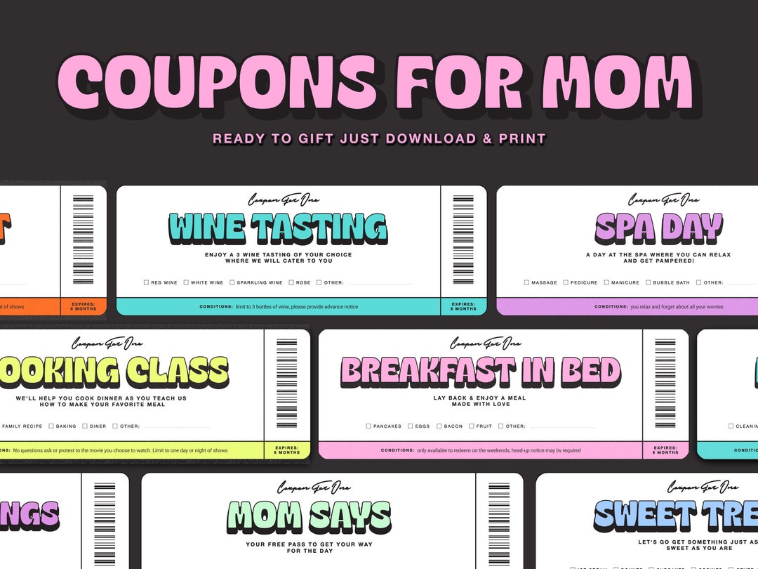 Mothers Day Coupons Printable, Birthday Gift for Mom, Mom Coupon Book ...