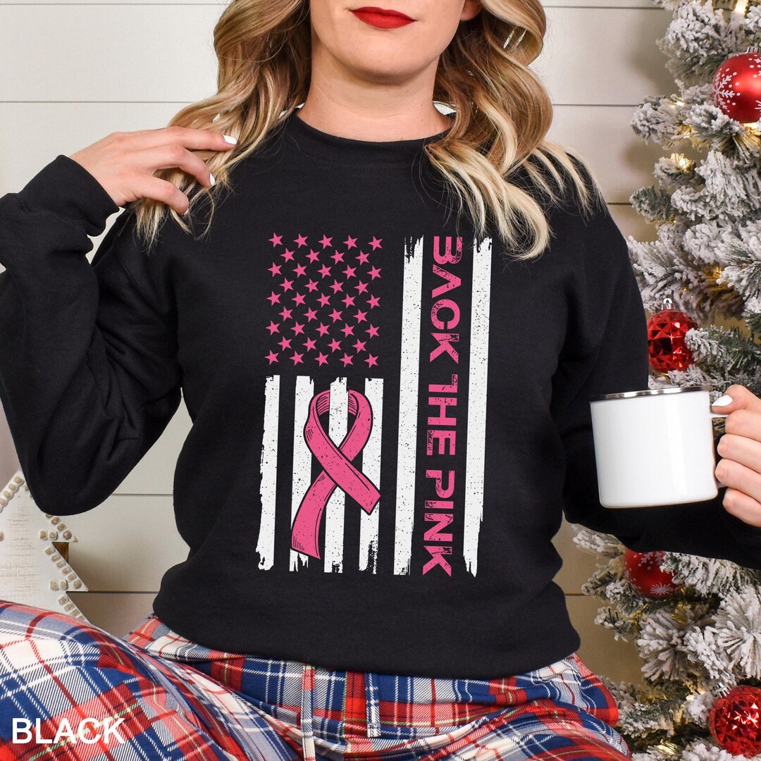 Pink Ribbon American Flag Sweatshirt, Back the Pink Sweatshirt, Breast ...