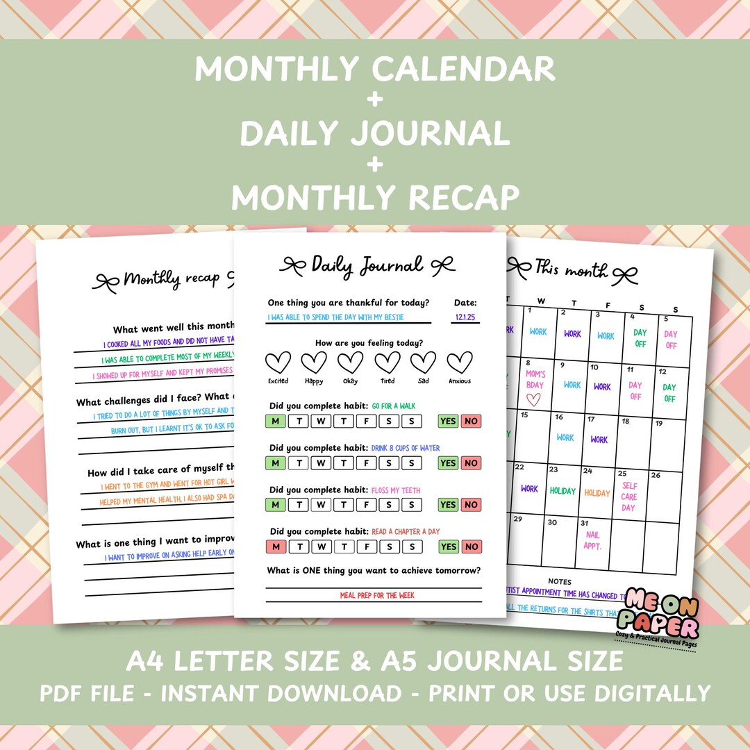 Printable Journal Pages Monthly Calendar, Daily Journal Pages Monthly ...