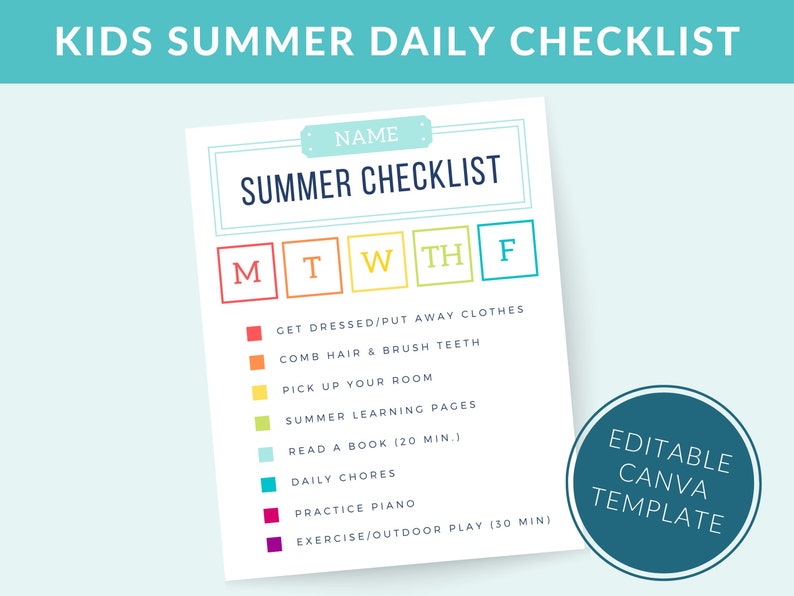 Kids Summer Daily Checklist Editable Canva Template - Etsy