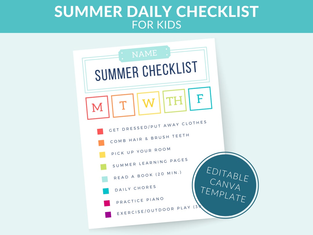 Kids Summer Daily Checklist Editable Canva Template - Etsy