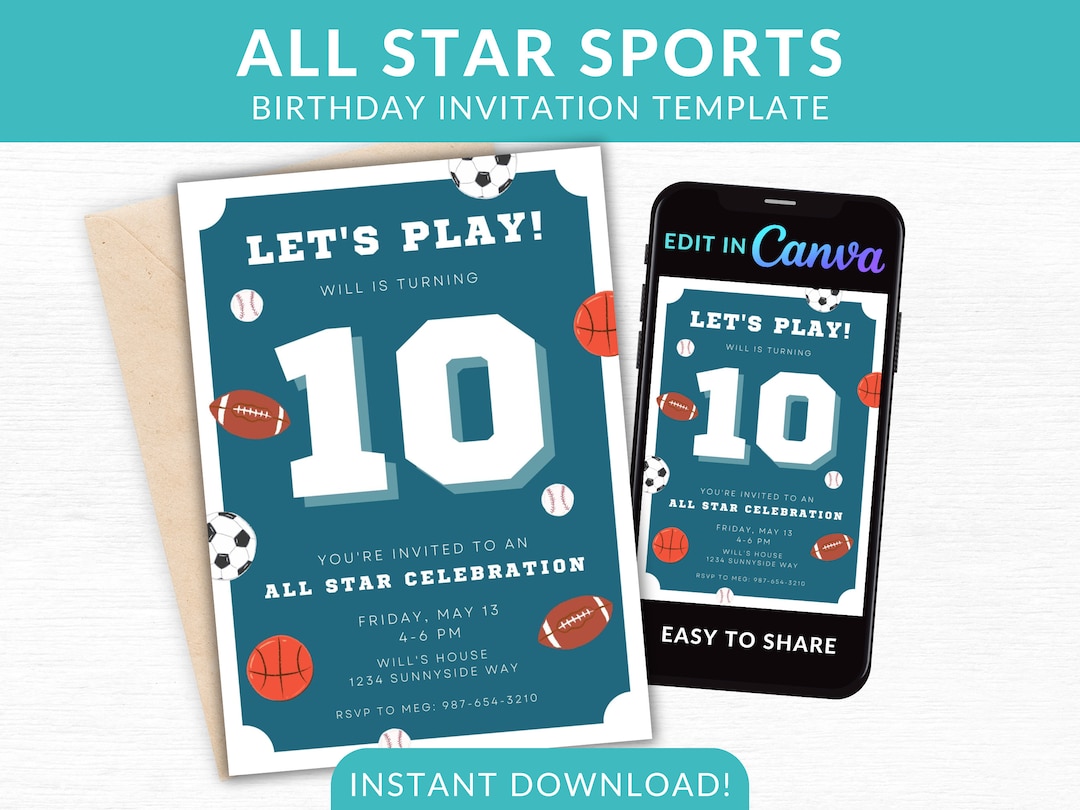 All Sports Birthday Invitation Editable Template, Birthday Party Invite ...