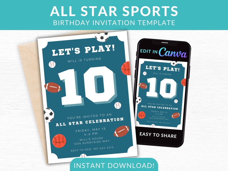 All Sports Birthday Invitation Editable Template, Birthday Party Invite ...