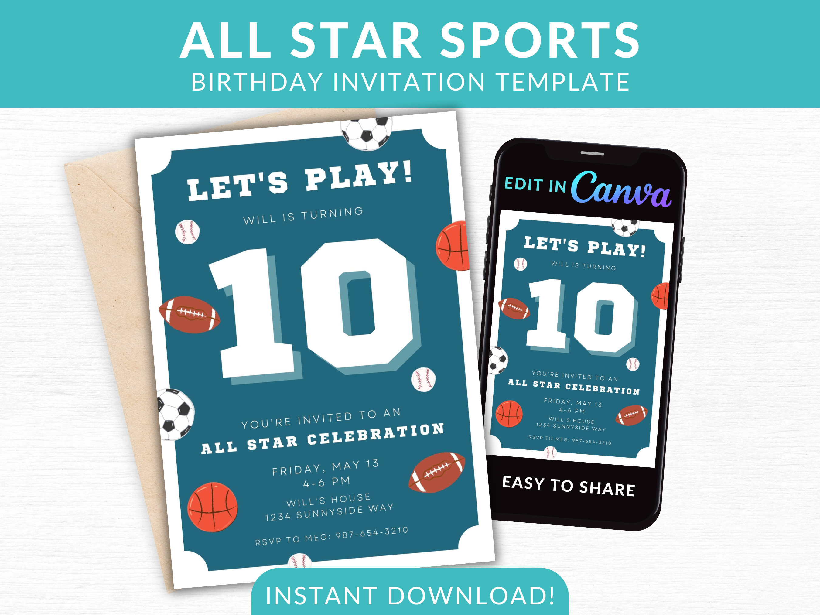 All Sports Birthday Invitation Editable Template, Birthday Party Invite ...