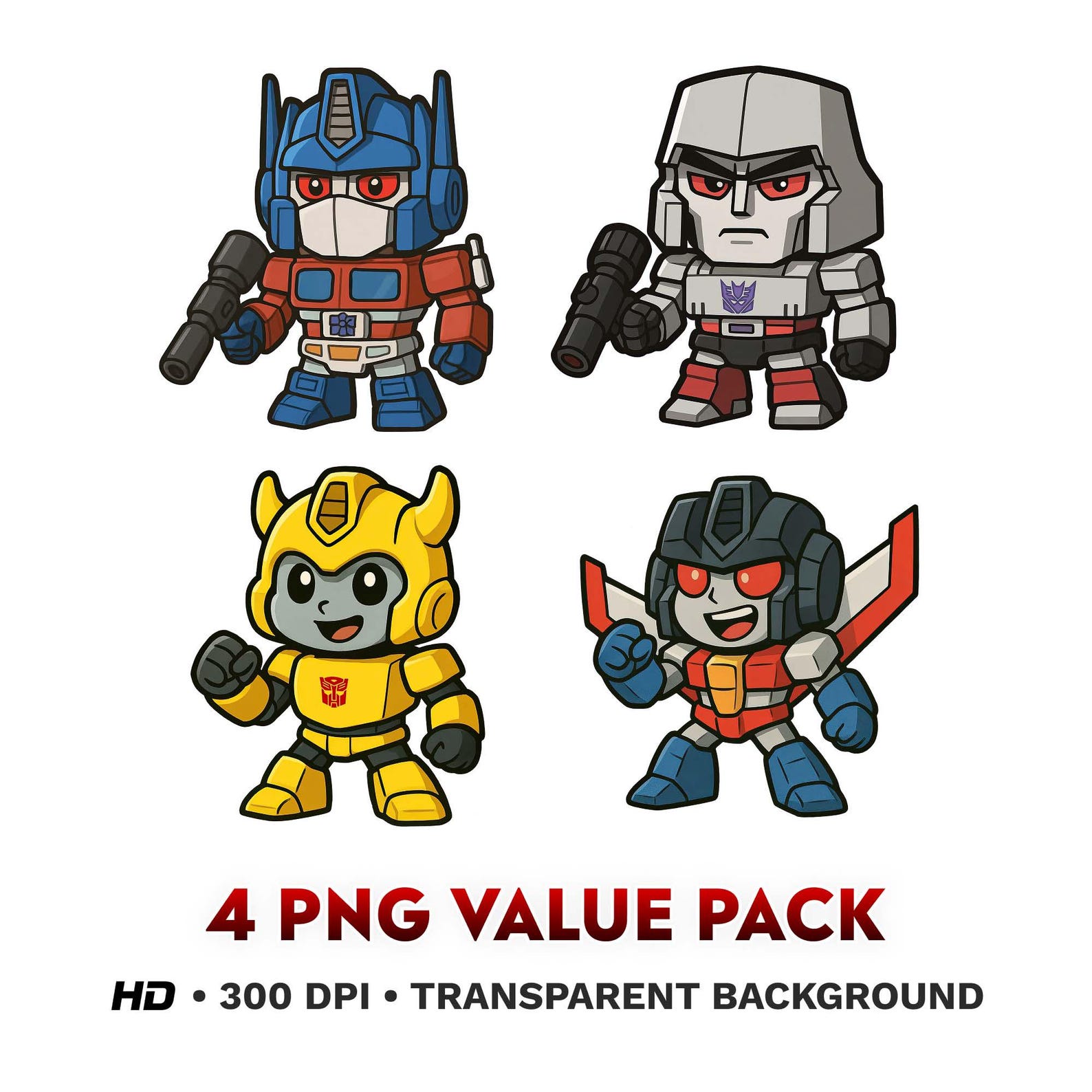 Chibi Transformers PNG Bundle: Optimus, Bumblebee, Megatron (digital ...