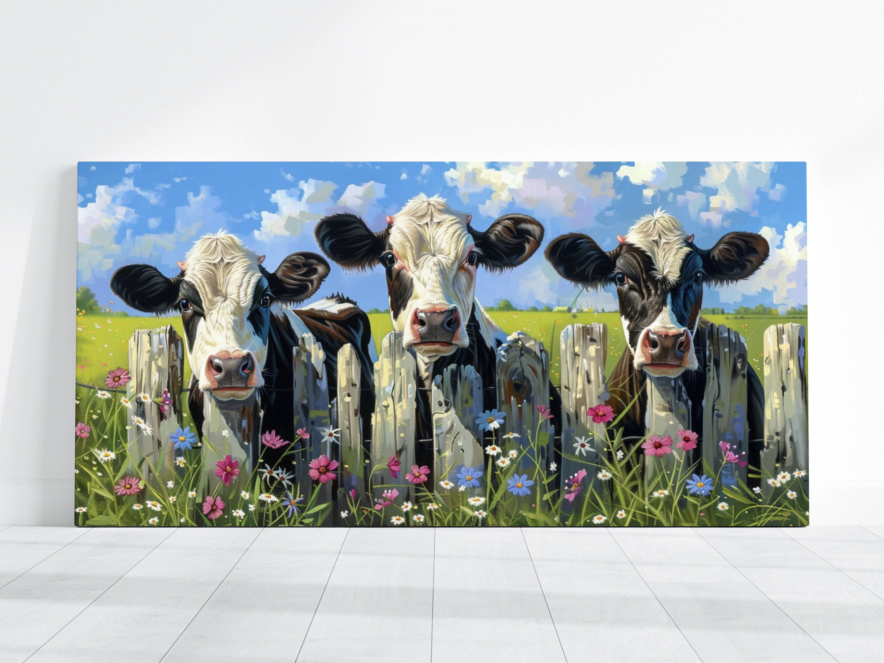 Cow Painting, Farm Animals Art, Country Barn Flowers Art, Rustic ...