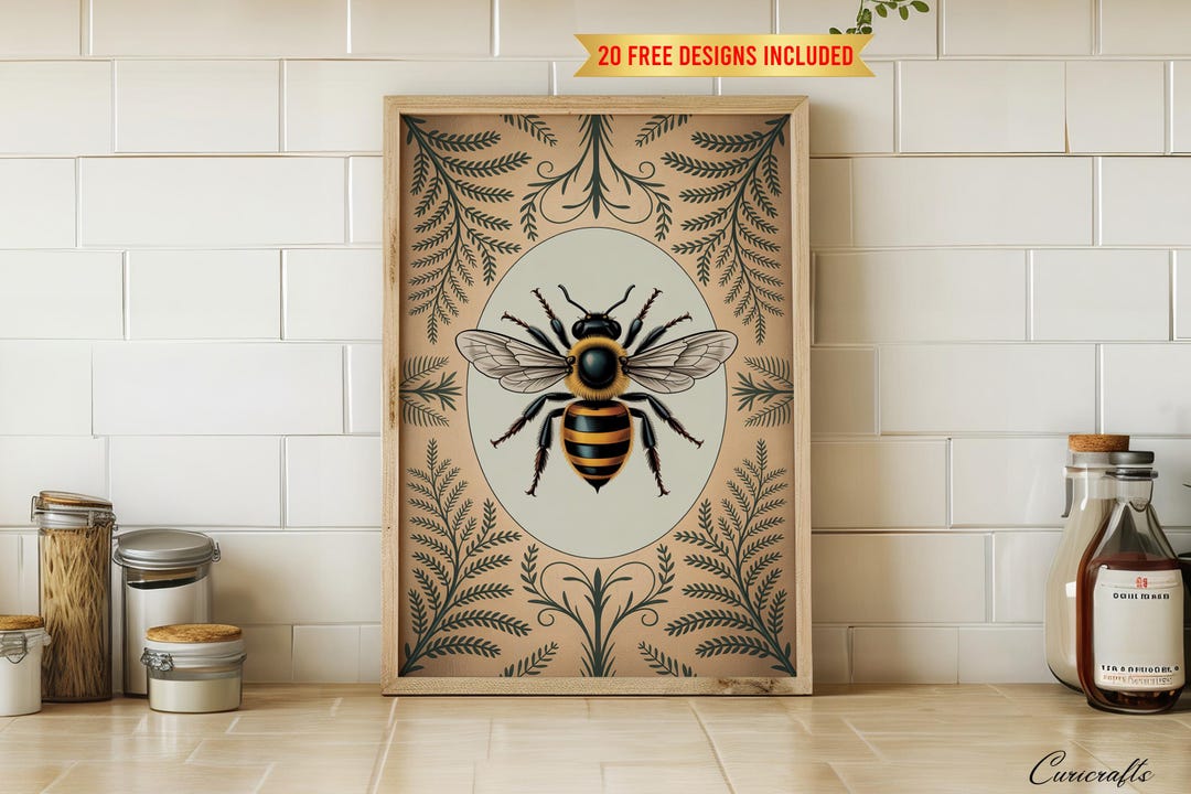 Vintage Bee Wall Art, Cottagecore Floral, Botanical Insect Decor ...