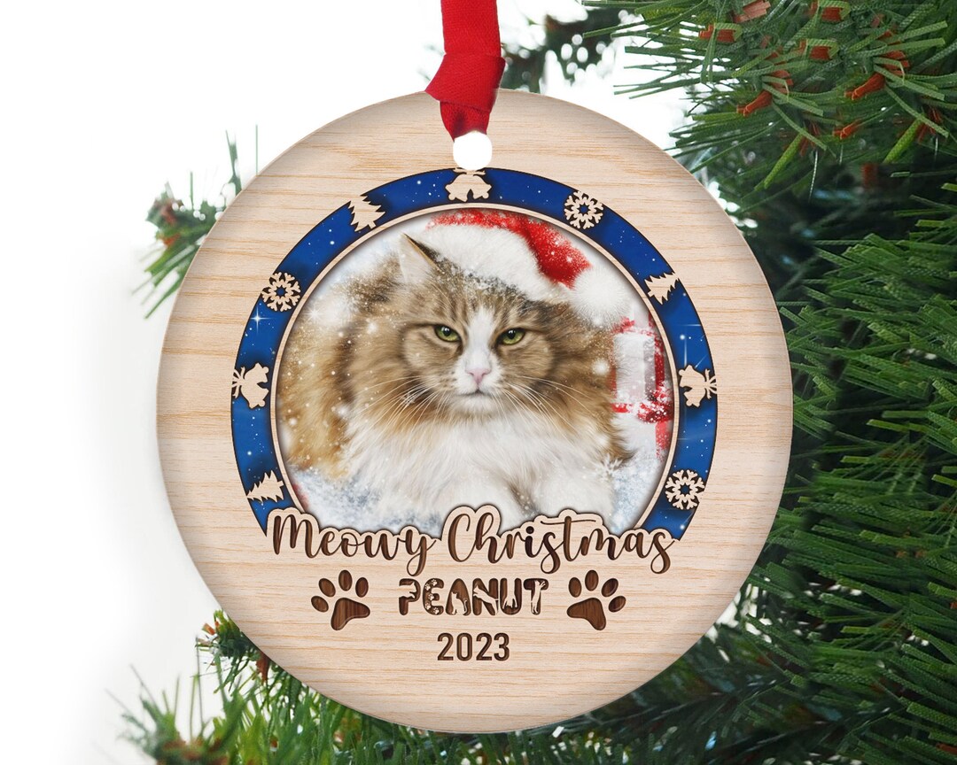 Personalized Cat Christmas Ornament, Meowy Christmas, Cat Photo Ceramic ...