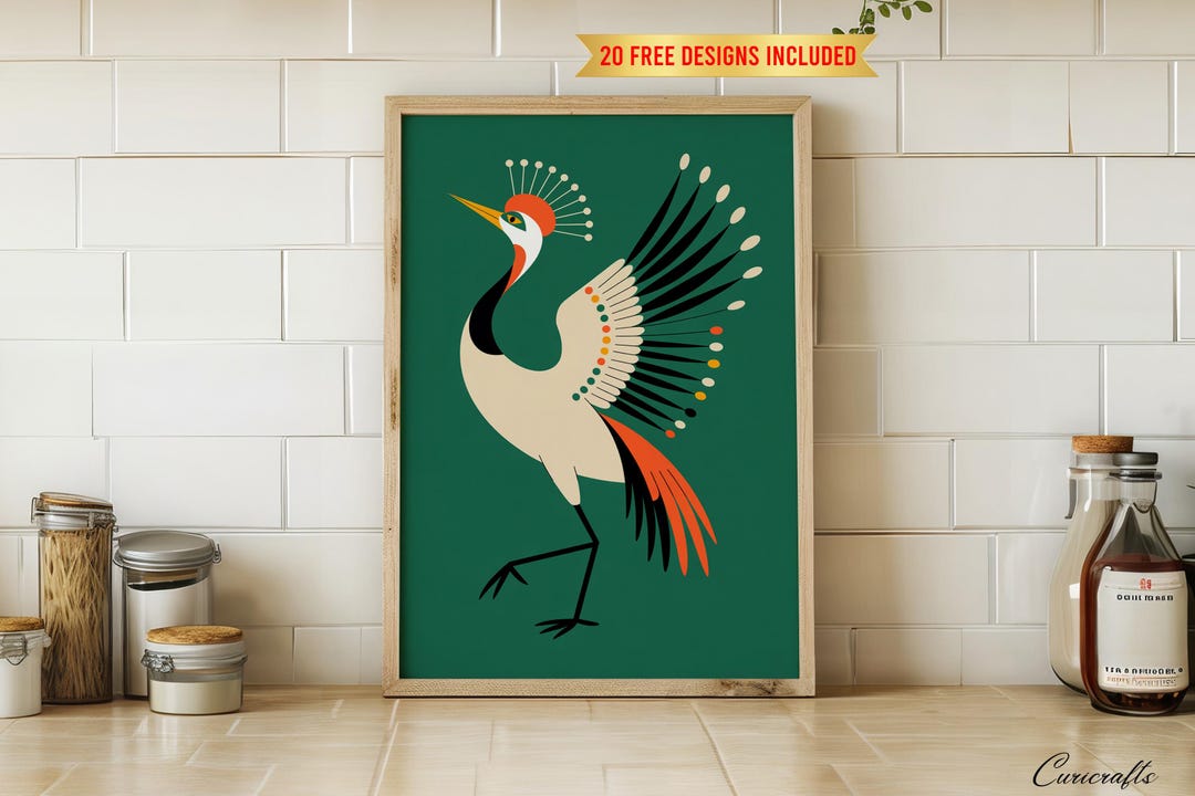 Fancy Flying Crane- Art Deco Wall Art- Retro Mid Century Modern House ...