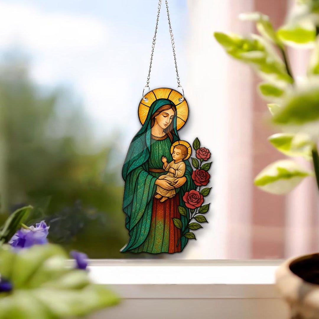 Virgin Mary Stained Glass Suncatcher – Catholic Window Hanging Ornament ...