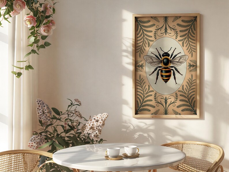 Vintage Bee Wall Art, Cottagecore Floral, Botanical Insect Decor ...
