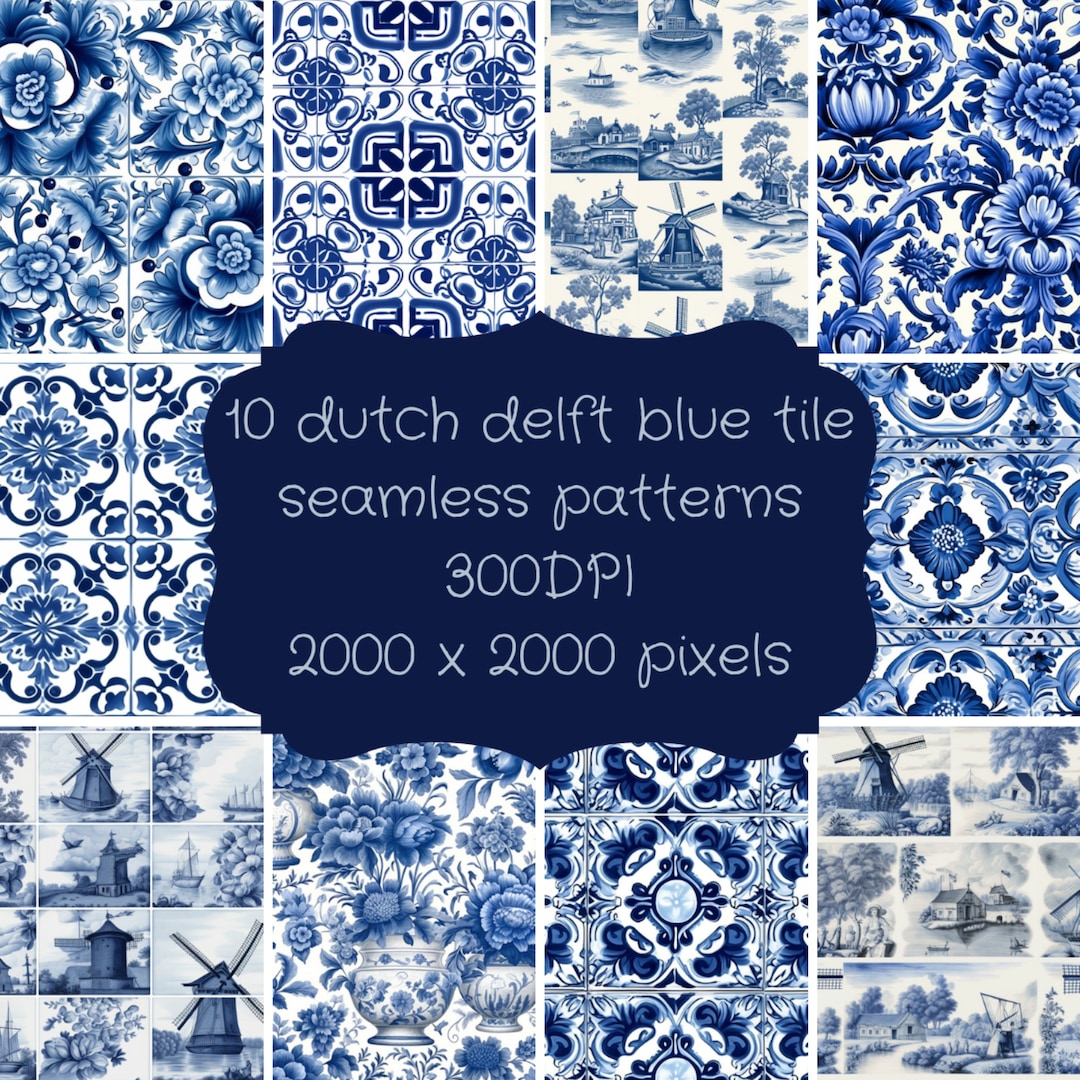 10 Dutch Delft Blue Patterns, Seamless Patterns, Vintage Windmills ...
