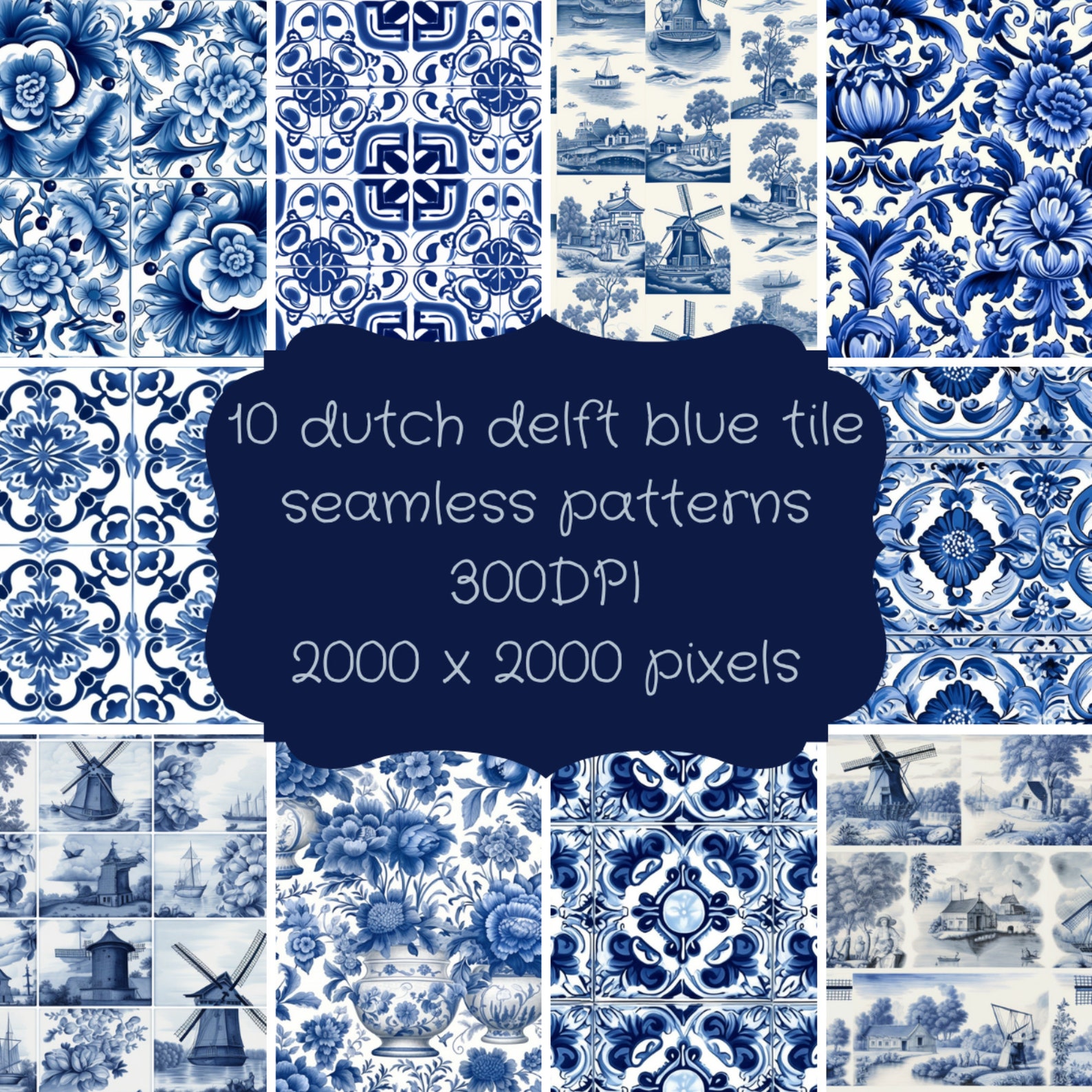 10 Dutch Delft Blue Patterns, Seamless Patterns, Vintage Windmills ...