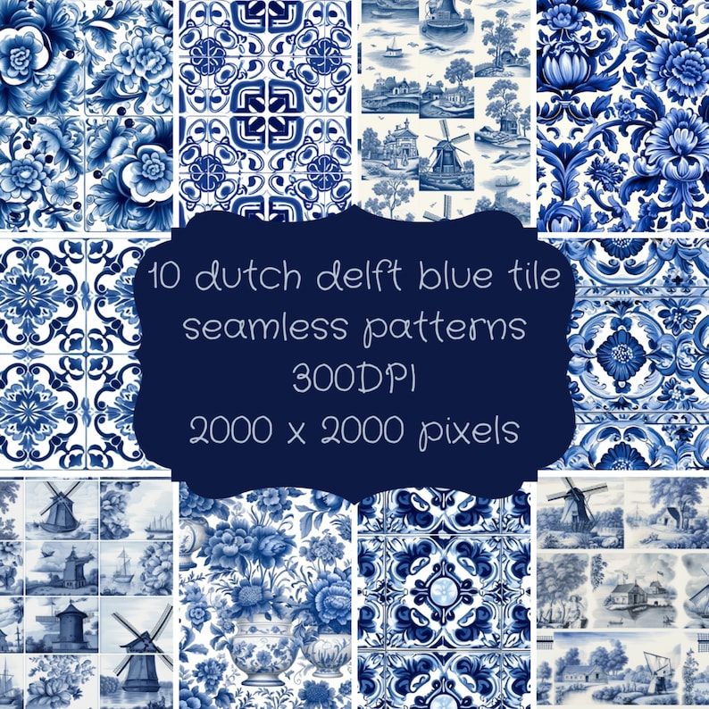 10 Dutch Delft Blue Patterns, Seamless Patterns, Vintage Windmills ...