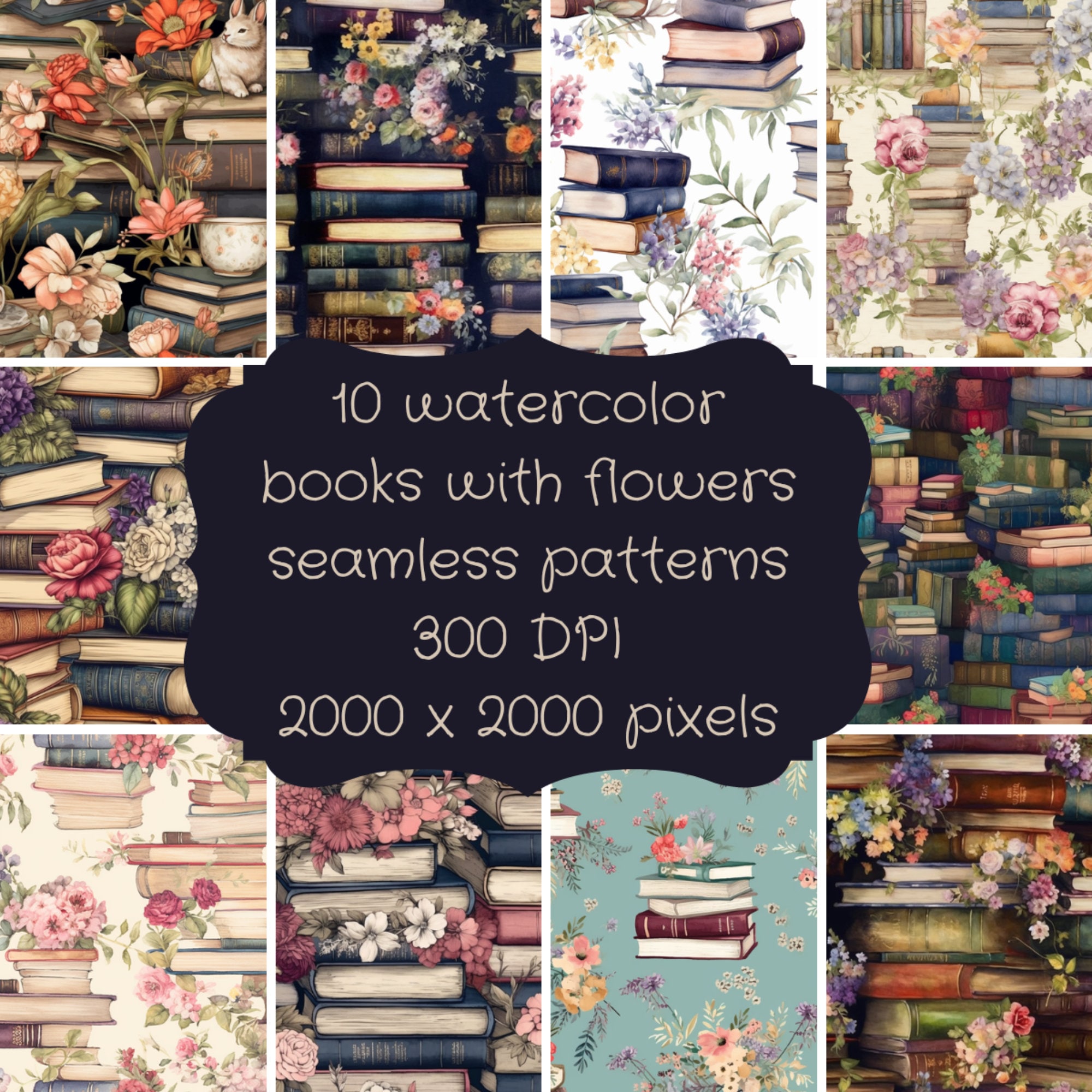 10 Watercolor Vintage Books, Seamless Patterns, Digital Paper, Bundle ...