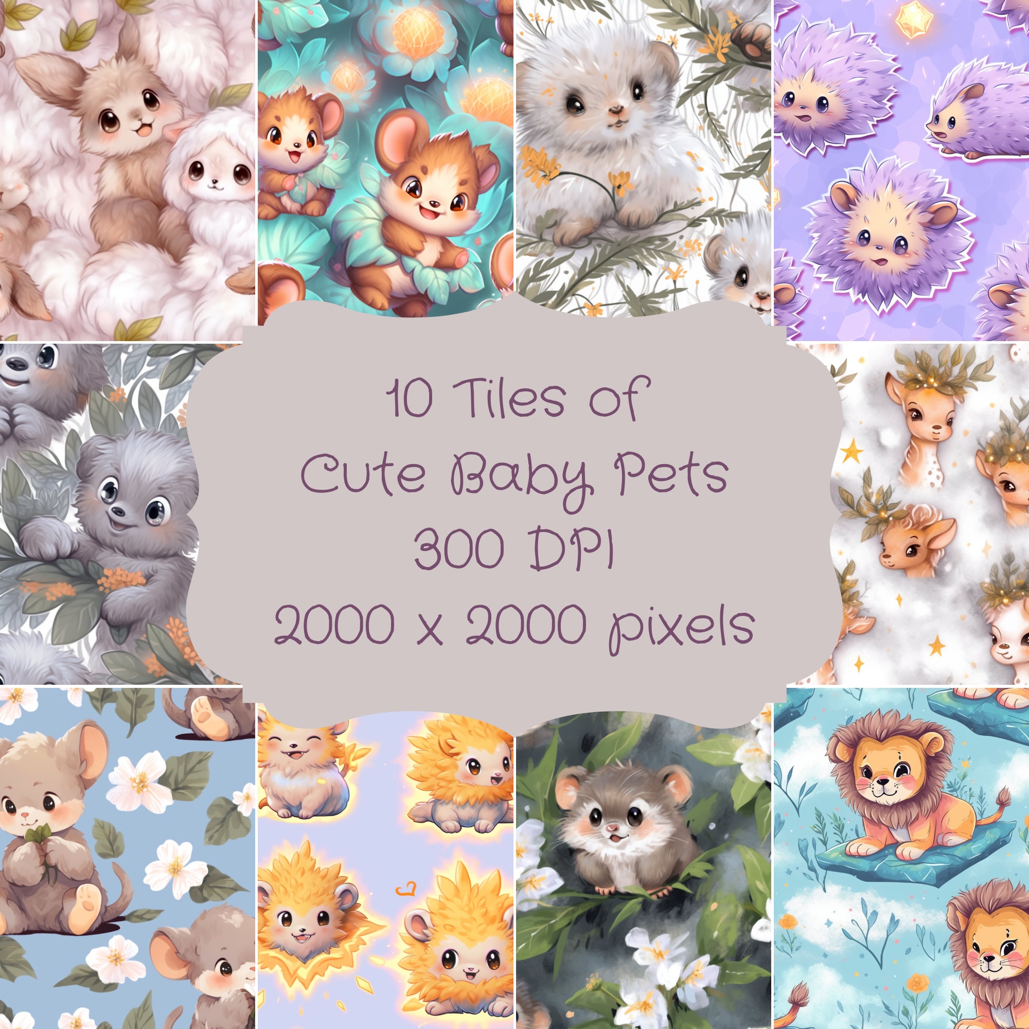 10 Patterns of Cute Baby Pets, Seamless Patterns, Animal, Kawaii ...