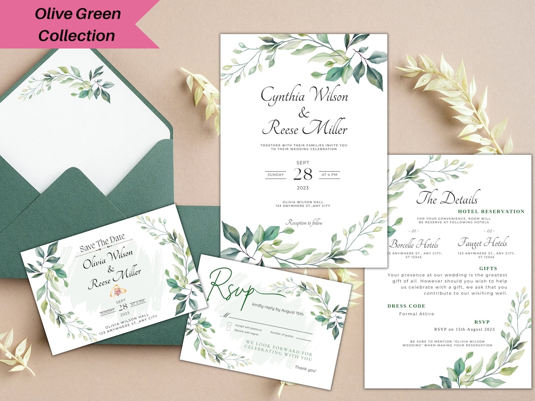 Olive Green Wedding Invitation, Simple and Classic Green Invitation ...