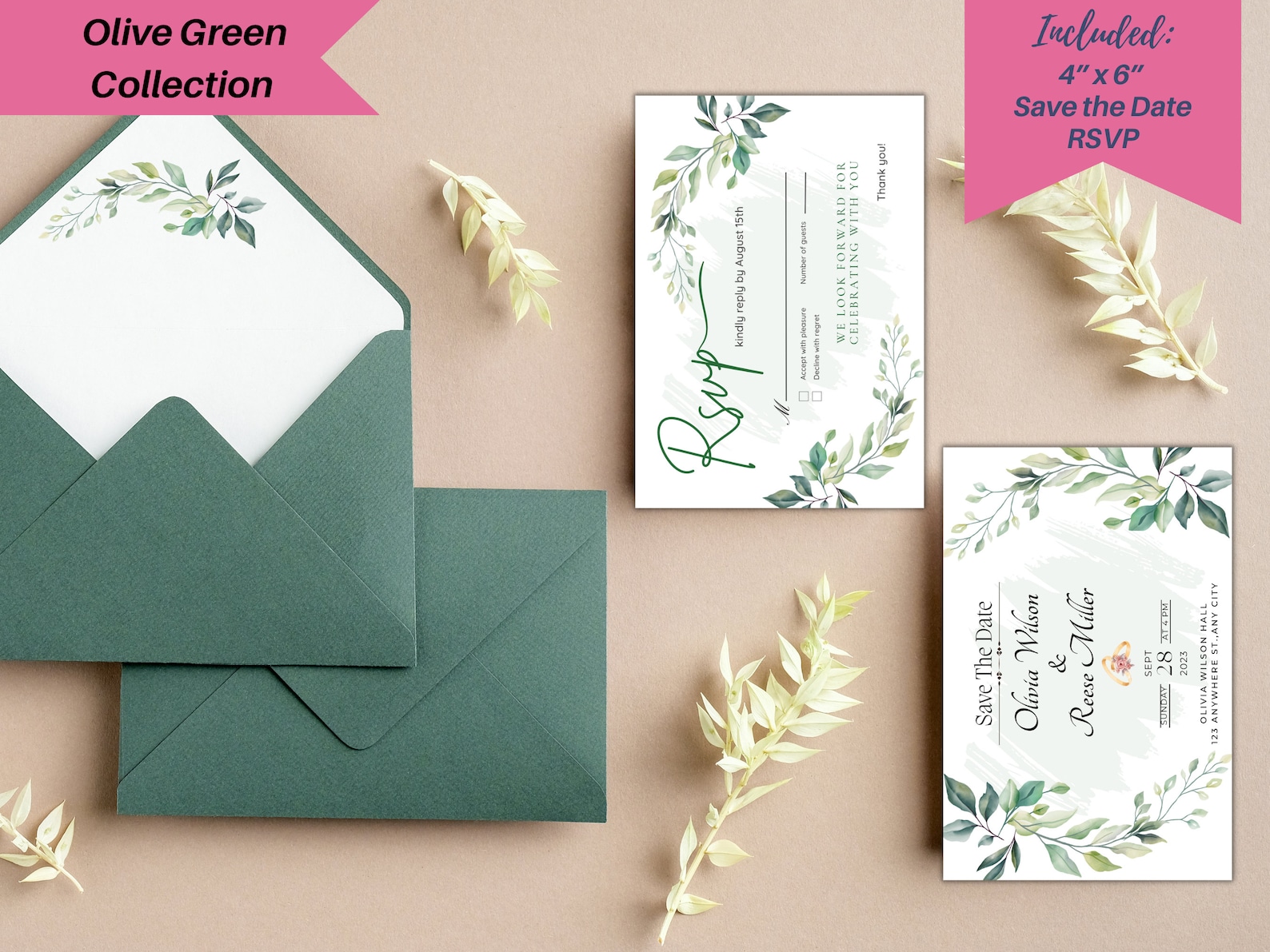Olive Green Wedding Invitation, Simple and Classic Green Invitation ...
