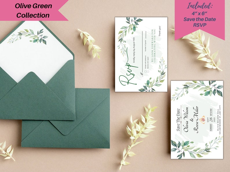Olive Green Wedding Invitation, Simple and Classic Green Invitation ...