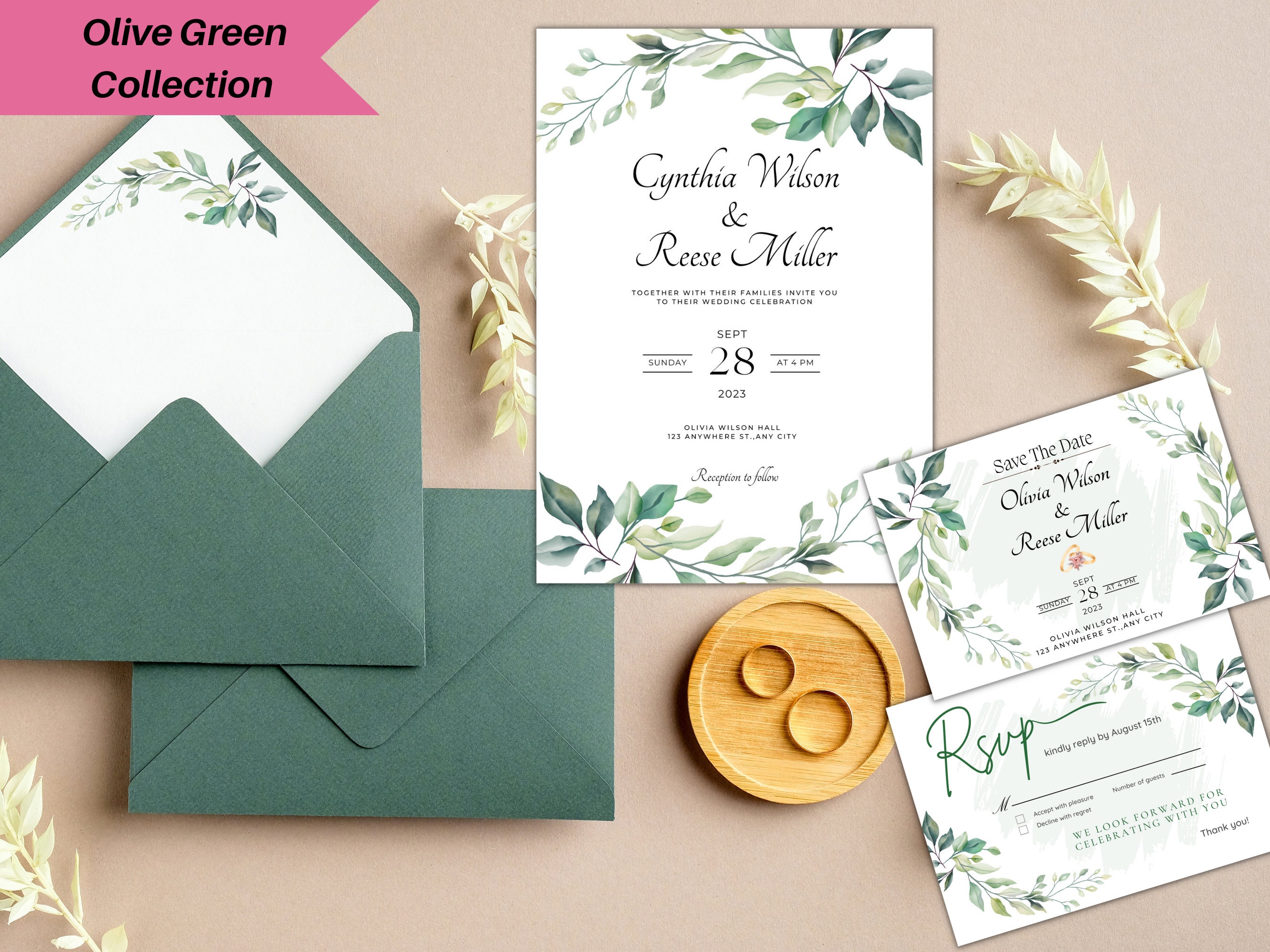 Olive Green Wedding Invitation, Simple and Classic Green Invitation ...