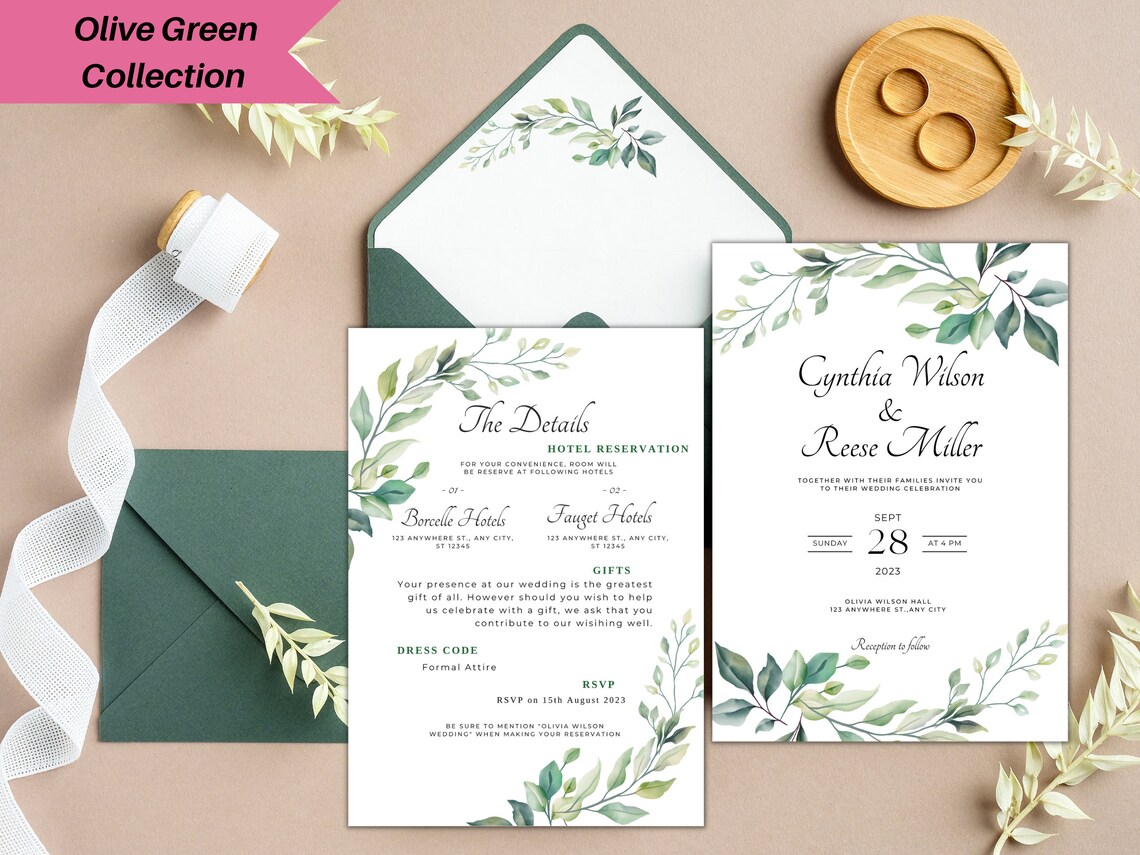 Olive Green Wedding Invitation, Simple and Classic Green Invitation ...