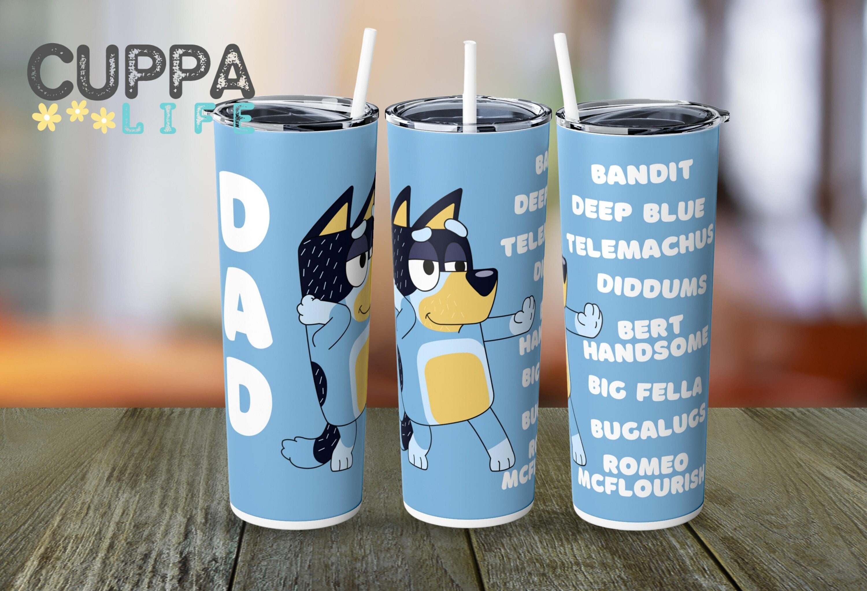 Cartoon Blue Heeler Bandit Dad 20oz Tumbler With Straw, Skinny Steel ...