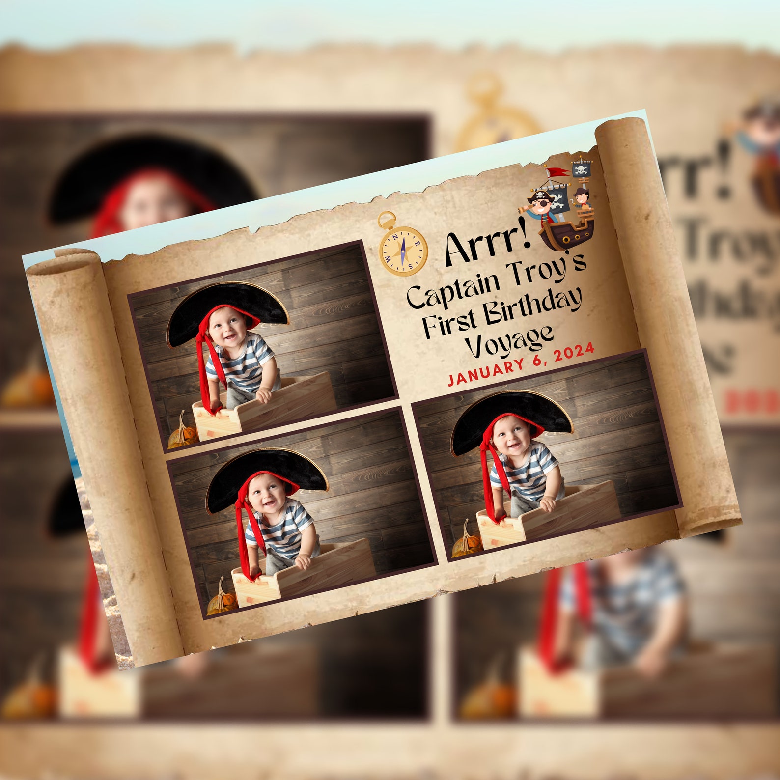 Captain's Birthday Voyage Photo Booth Template | Cute Pirate Theme| Editable Canva Template ...