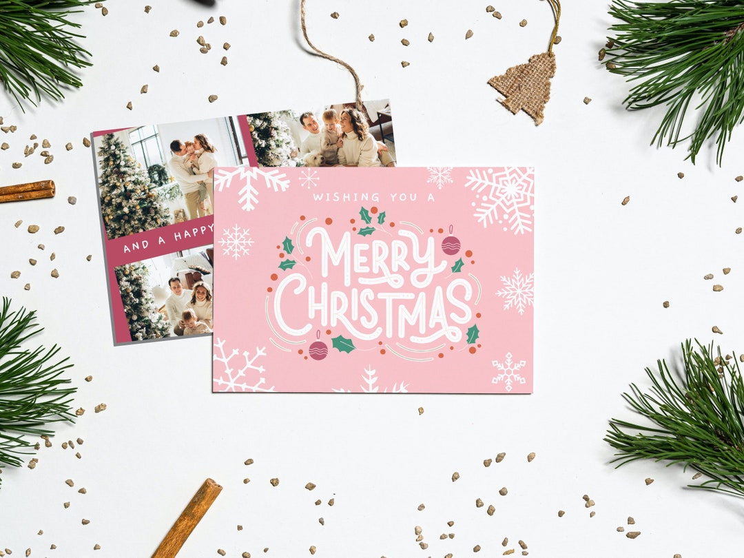 Pink Christmas Photo Card, Merry Christmas Card Template, Printable ...