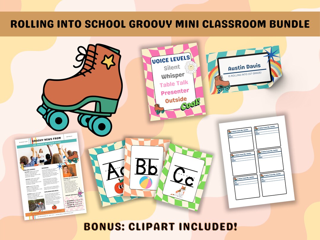 Retro Classroom Decor Bundle, Rolling Into First Grade Decorations ...