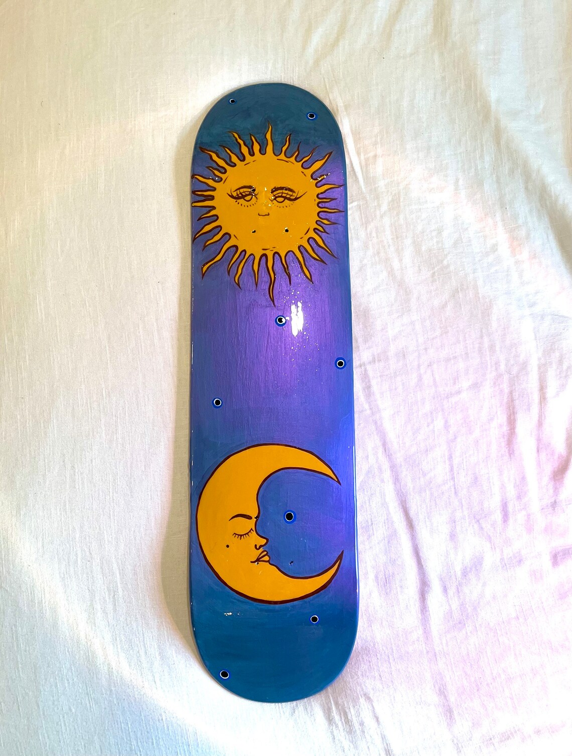Hand Painted Skate Board Deck - Sun and Moon, Blue and Purple Color ...