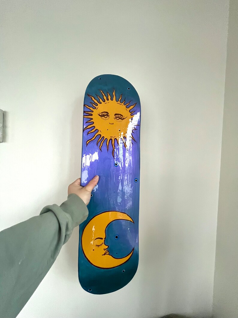 Hand Painted Skate Board Deck - Sun and Moon, Blue and Purple Color ...