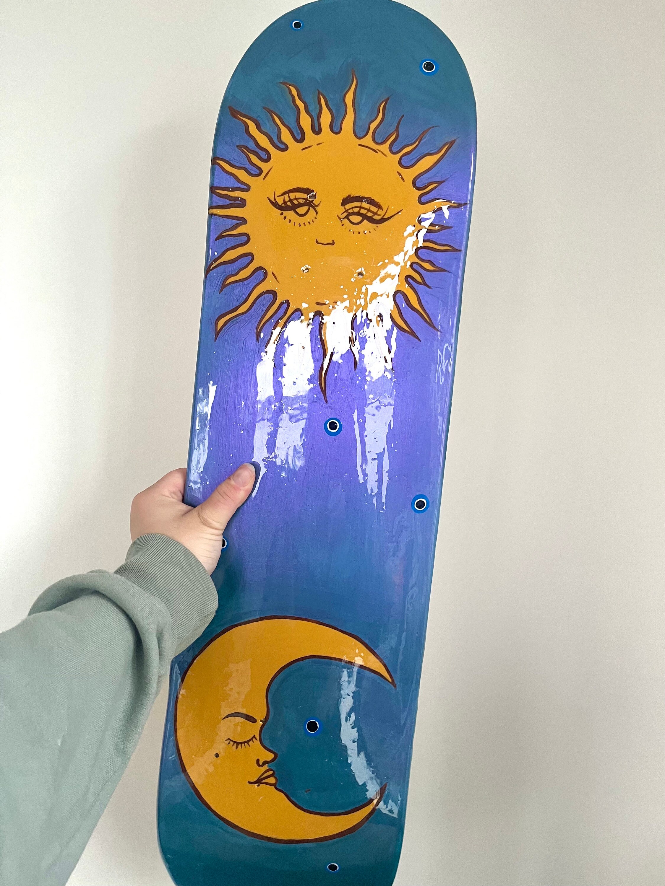 Hand Painted Skate Board Deck - Sun and Moon, Blue and Purple Color ...