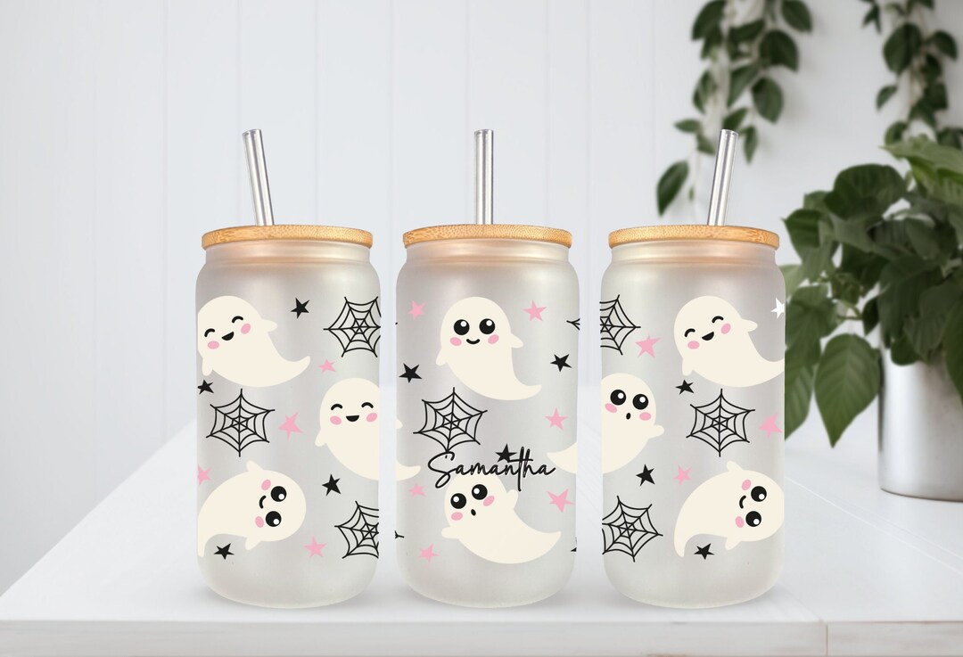 Cute Ghost Frosted Libbey Glass Can Personalized Spider Web Halloween ...