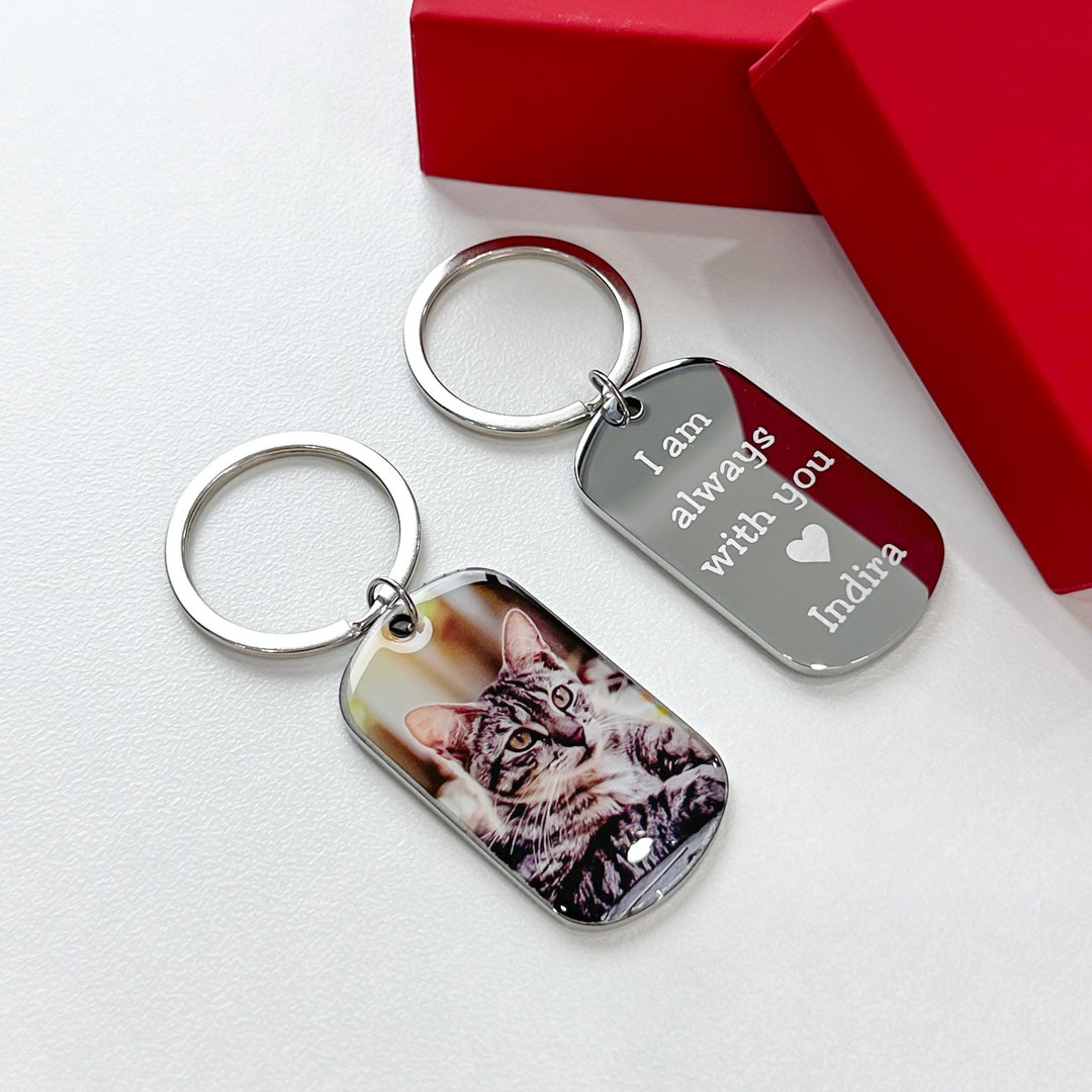 Custom Cat Photo Keychain: Engraved Pet Name Memorial, Stainless Steel ...