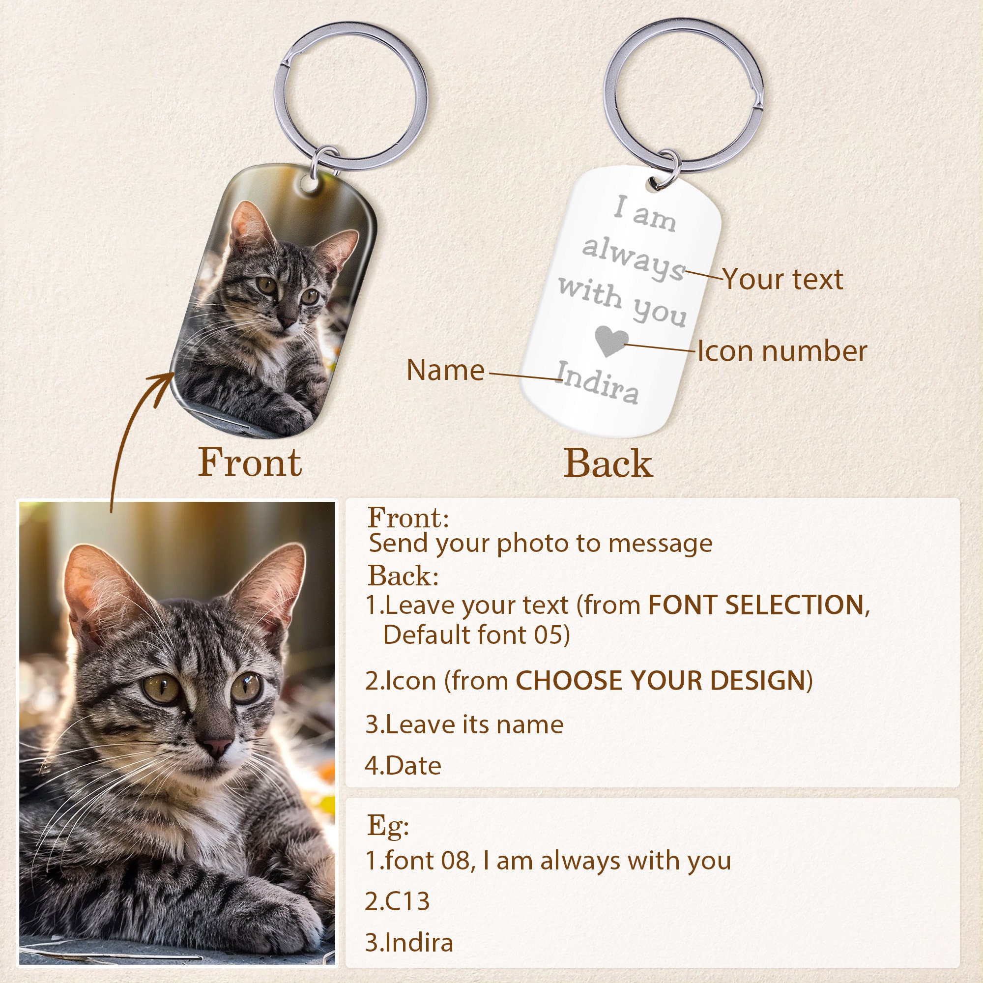 Custom Cat Photo Keychain: Engraved Pet Name Memorial, Stainless Steel ...